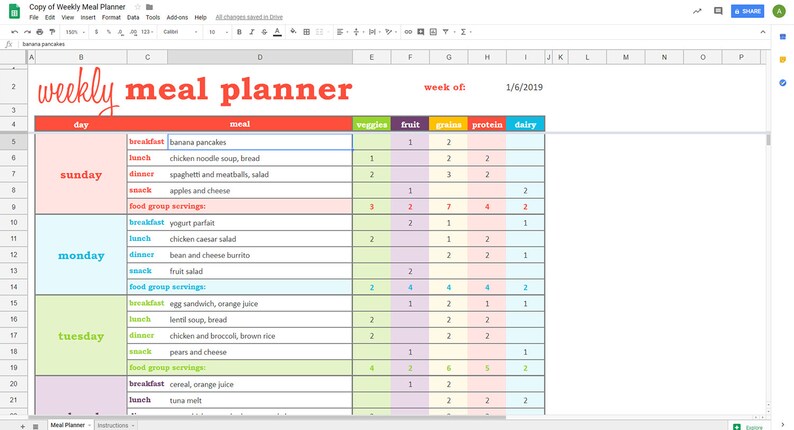 Weekly Meal Planner Google Sheets Template Printable Etsy