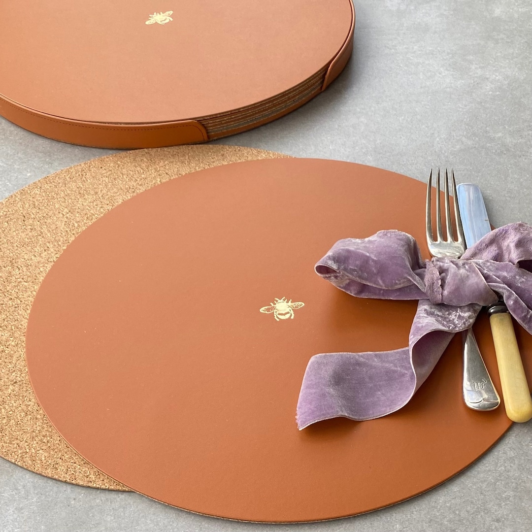 Set of Six Recycled Leather Table Mats With Bee Motif in a Holder - Etsy
