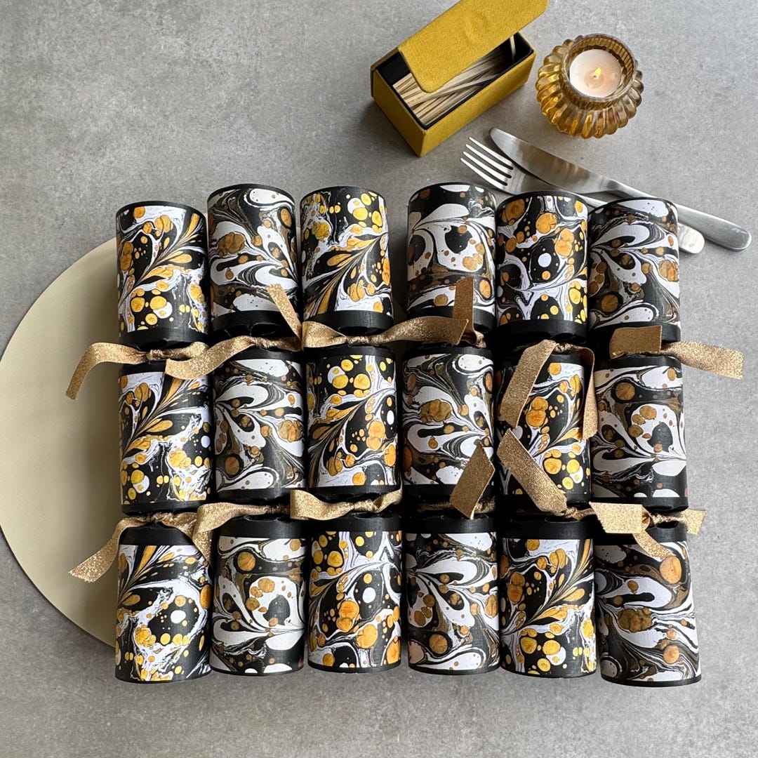 Box of 6 Black Gold Marbled Luxe Christmas Crackers - Handmade Recycled ...