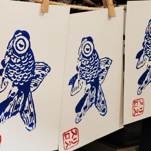 Blue Fish Linocut Print, Handcrafted Marine Wall Art, Japanese-inspired ...