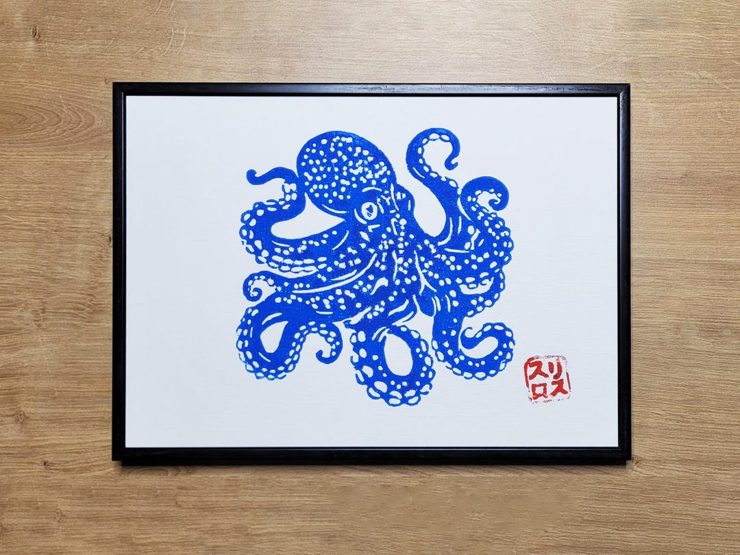 Blue Octopus Linocut Print, Handcrafted Marine Wall Art, Japanese ...