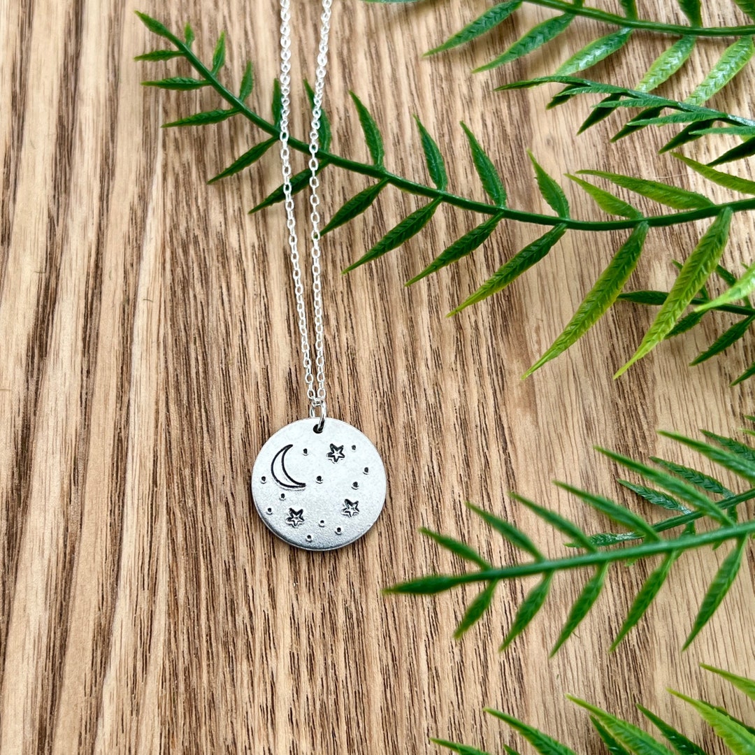 COSMOS Moon and Stars Necklace Stamped Silver Necklace Stamped ...