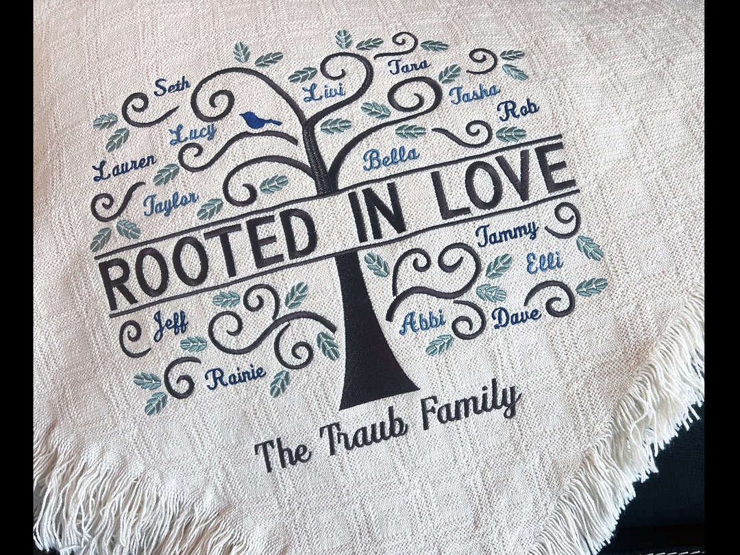ROOTED in LOVE Family Tree Blanket | Custom Embroidered Throws ...