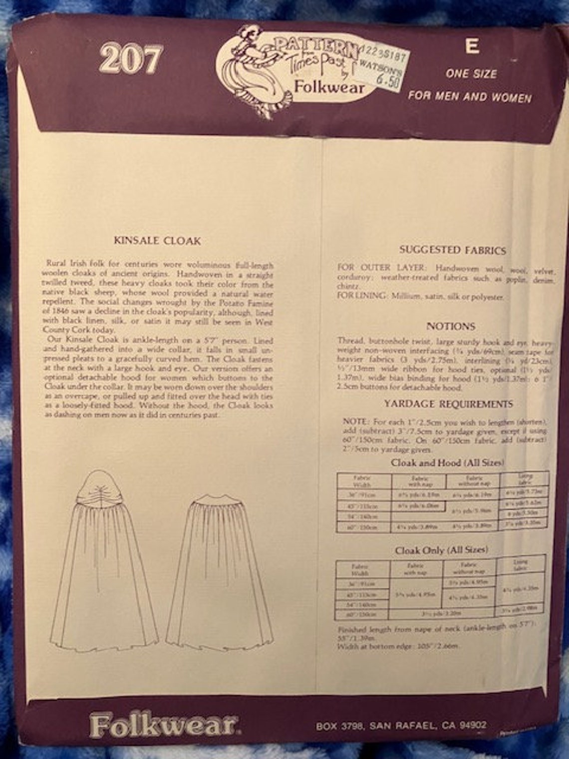 UNCUT Folkwear Patterns 207, Kinsale Cloak, 106 Turkish Coat, 108 Black ...