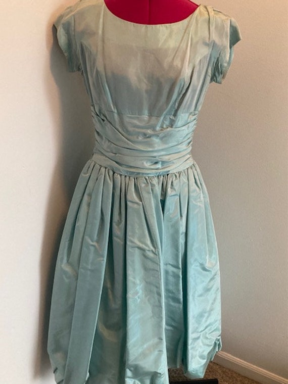Gorgeous 1960s Aqua Satin Balloon Hem Formal, size 15… - Gem