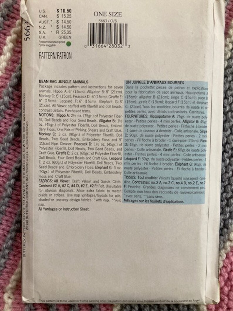 1998 Butterick 5663 Bean Bag Jungle Animals Factory Folded | Etsy