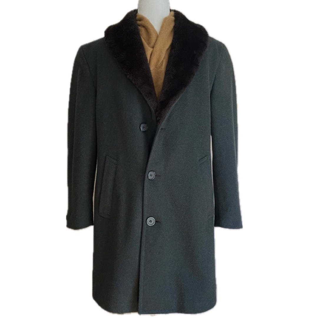 38R Vintage 50s 60s Green Wool Overcoat Car Coat, Faux Fur Collar ...