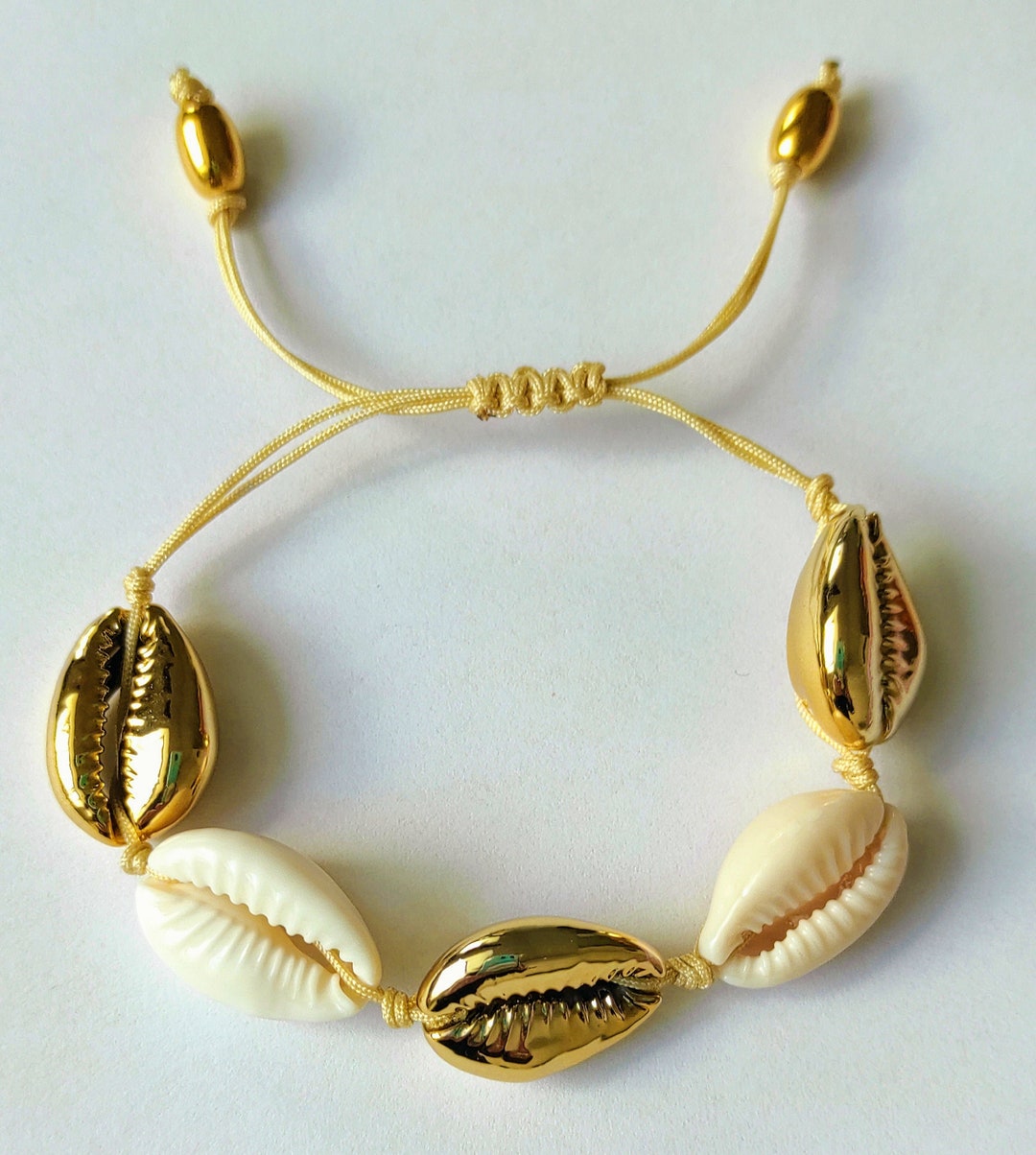 Cauri shell bracelet, shell bracelet, beach bracelet, white, grey, gold ...