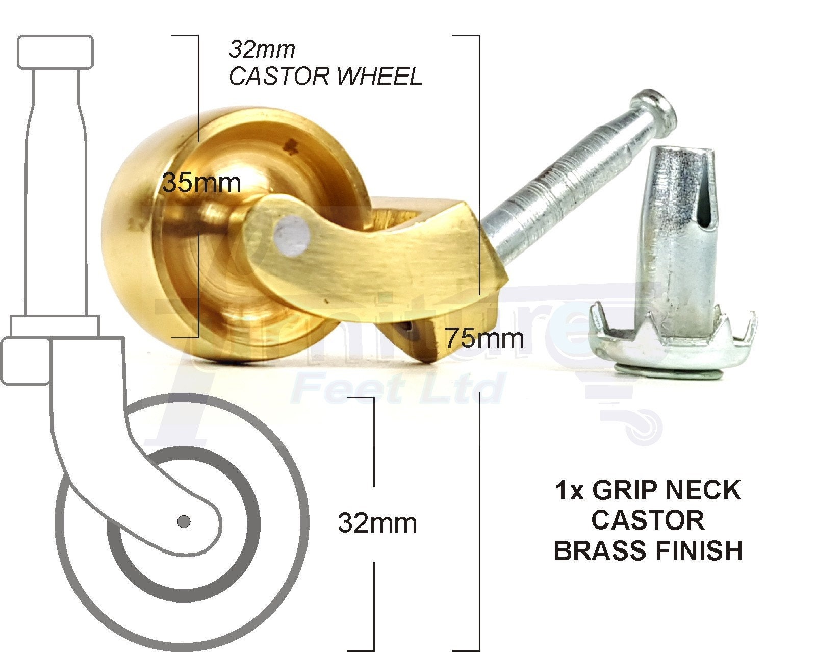 Castor Wheel Push Grip Neck Brass Castors Wheels 32mm for | Etsy