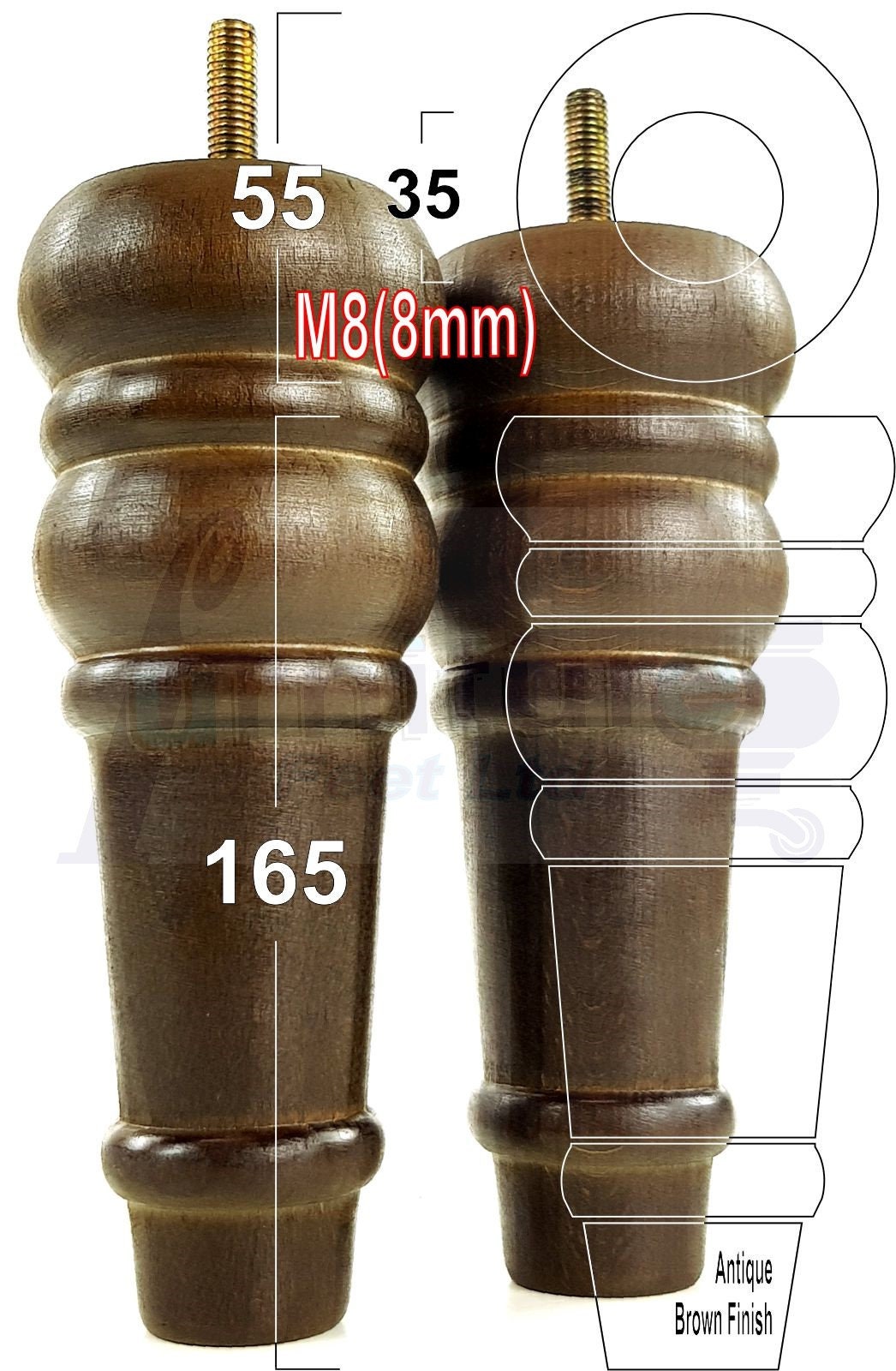 Set of 4 Solid Wooden Turned Furniture Legs Replacement Bun Feet 165mm ...