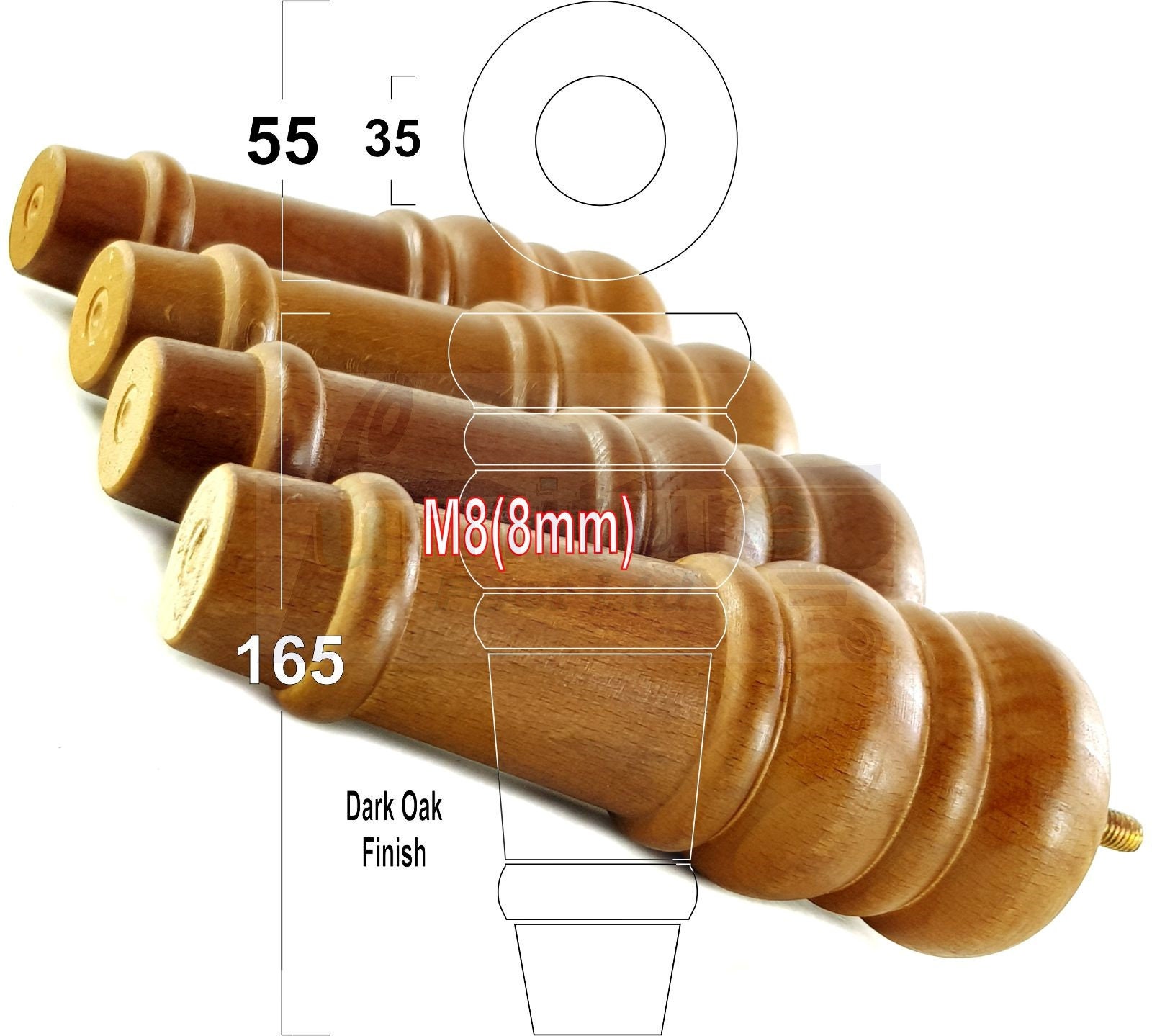 Set of 4 Solid Wooden Turned Furniture Legs Replacement Bun Feet 165mm ...