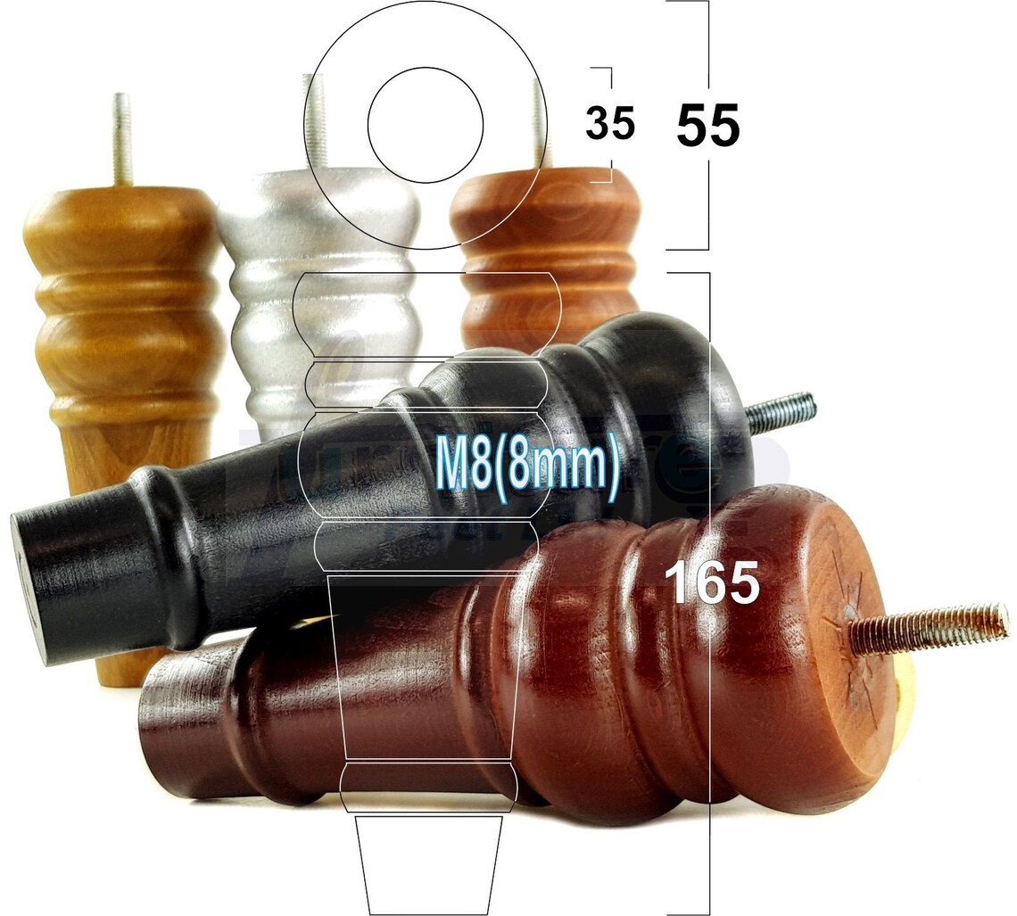 Set of 4 Solid Wooden Turned Furniture Legs Replacement Bun Feet 165mm ...