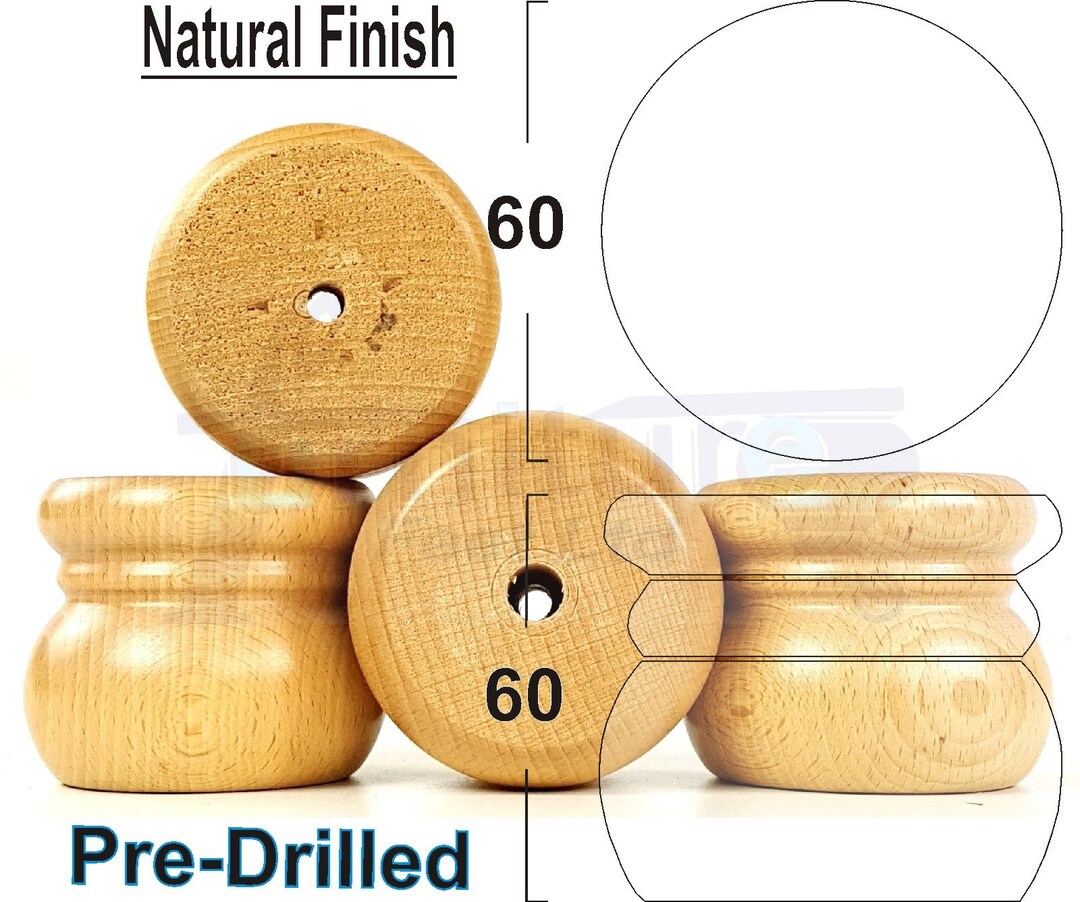 4x Solid Wood Bun Furniture Feet Replacement Legs 60mm High Multiple ...