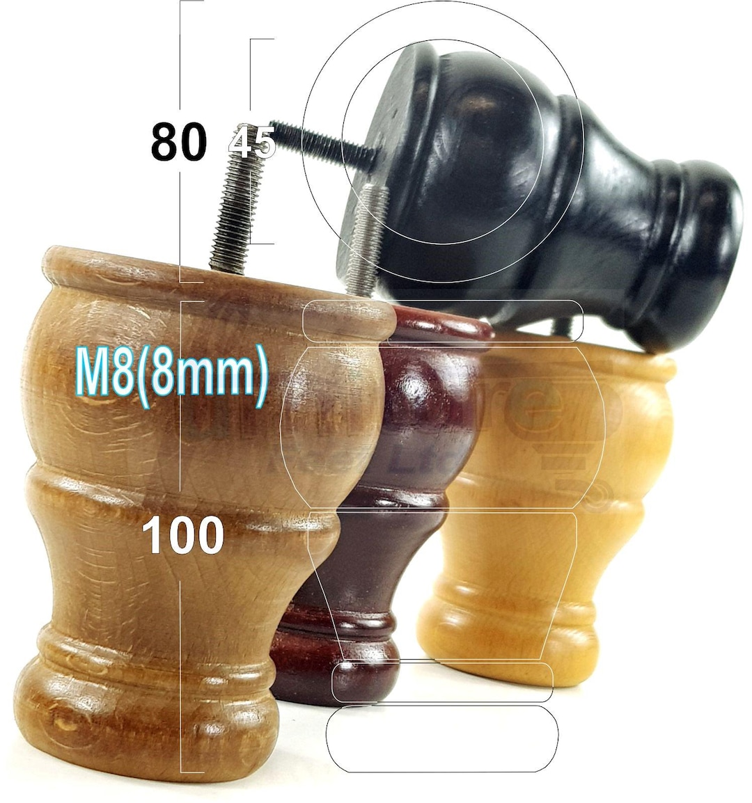 4x Solid Wood Turned Feet Round Replacement Furniture Legs 100mm High ...