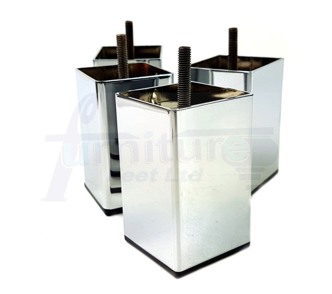 4 Modern Square Furniture Feet 100mm High Metal Legs Silver Chrome for ...