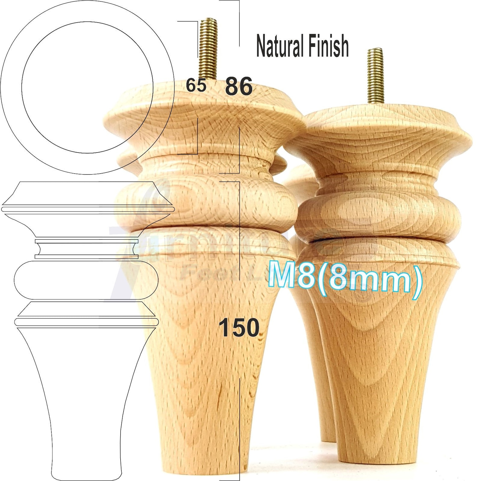 4x Turned Furniture Legs 150mm High M8(8mm) Replacement Feet Chairs ...