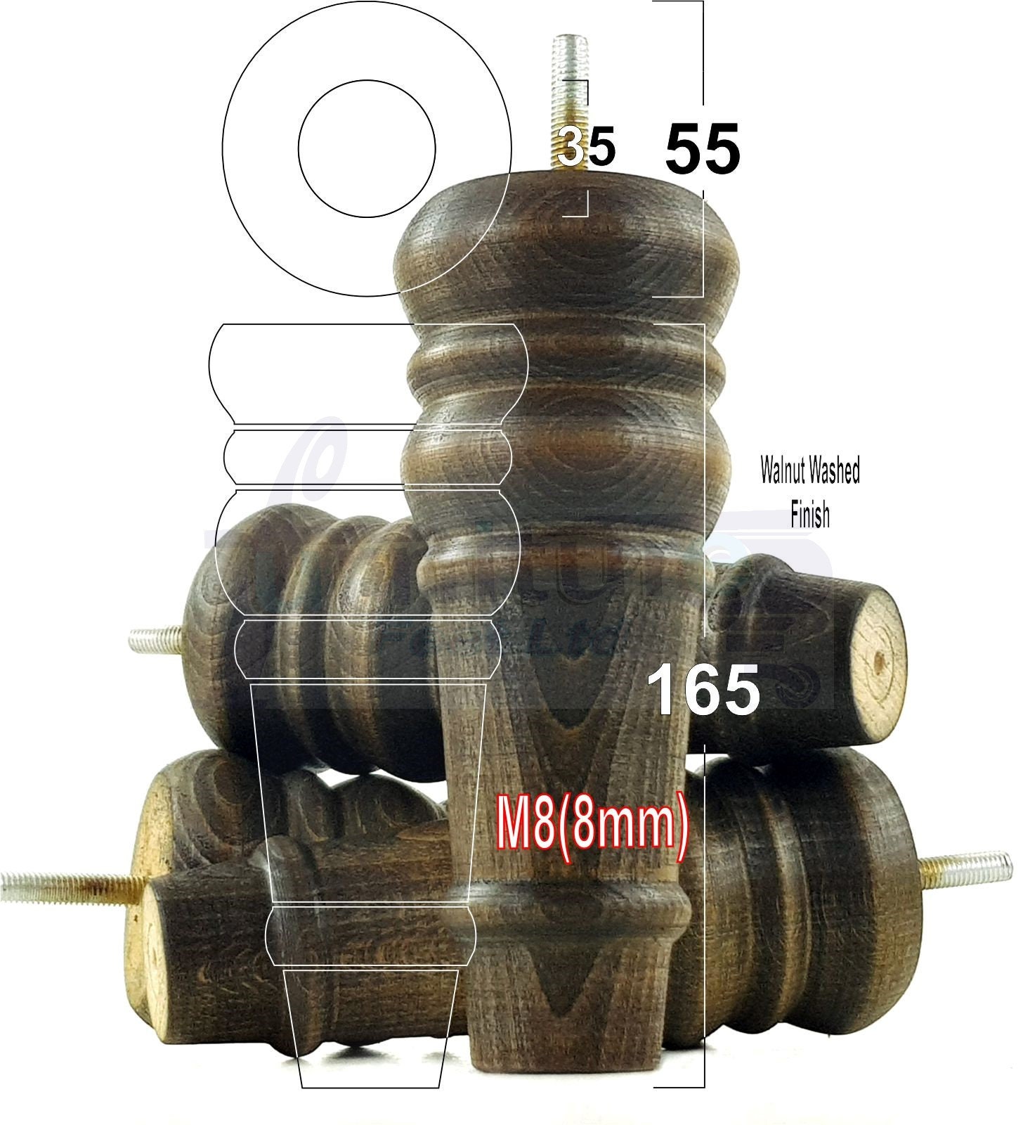 4 Solid Wooden Turned Furniture Legs Replacement Bun Feet 165mm High ...