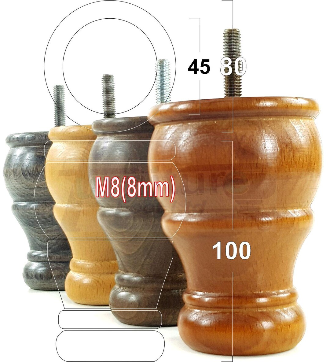 4x Turned Solid Wood Furniture Feet 100mm High Retro Replacement Legs ...