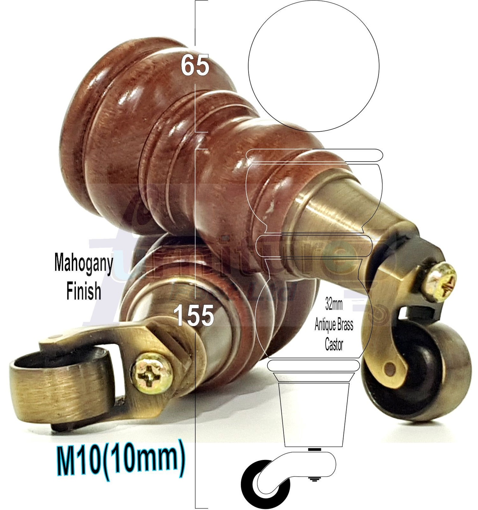 Solid Wooden Feet With Antique Castors Set of 2 Legs 155mm High Sofas ...