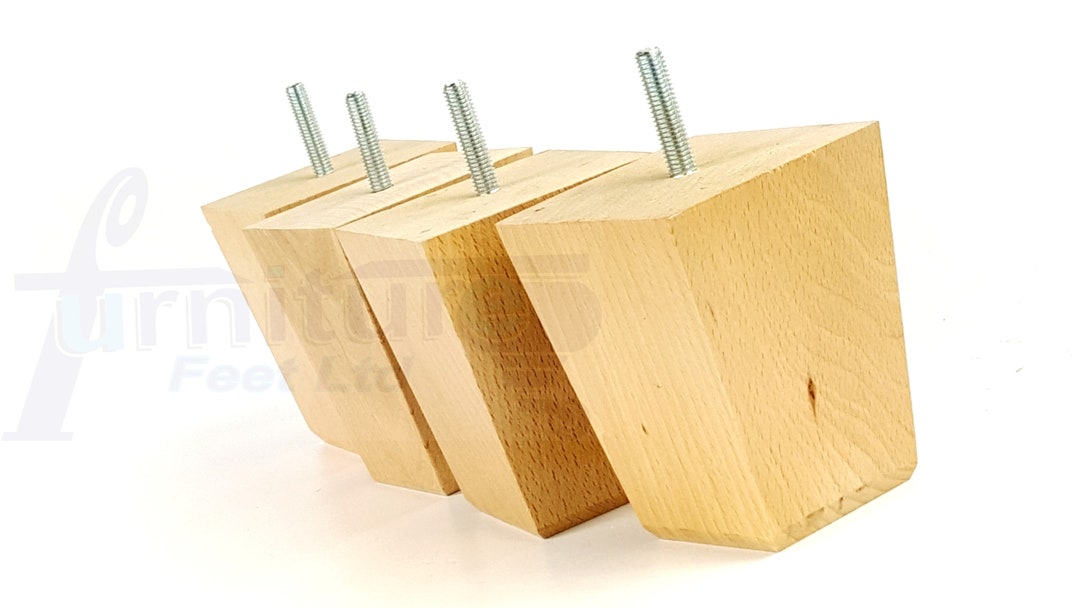 4 Wood Square Block Furniture Legs Replacement Sofa Feet 100mm 4 Inch ...