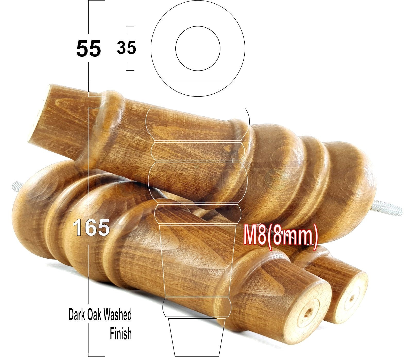4 Solid Wooden Turned Furniture Legs Replacement Bun Feet 165mm High ...