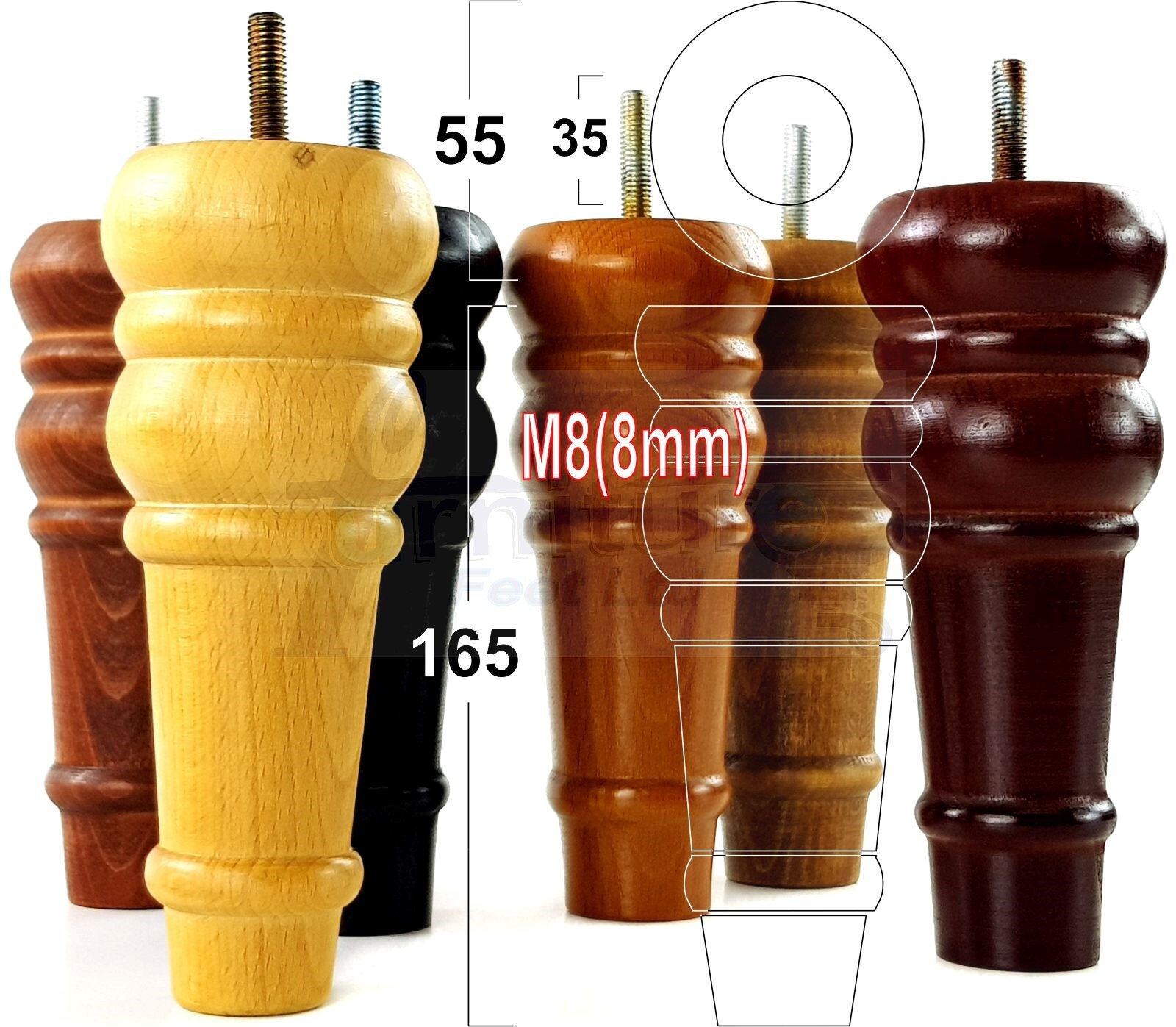4 Solid Wooden Turned Furniture Legs Replacement Bun Feet 165mm High ...