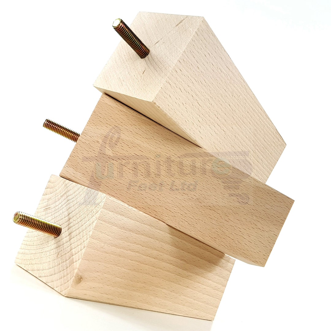 4 Block Wood Square Furniture Legs Replacement Tapered Feet 100mm ...