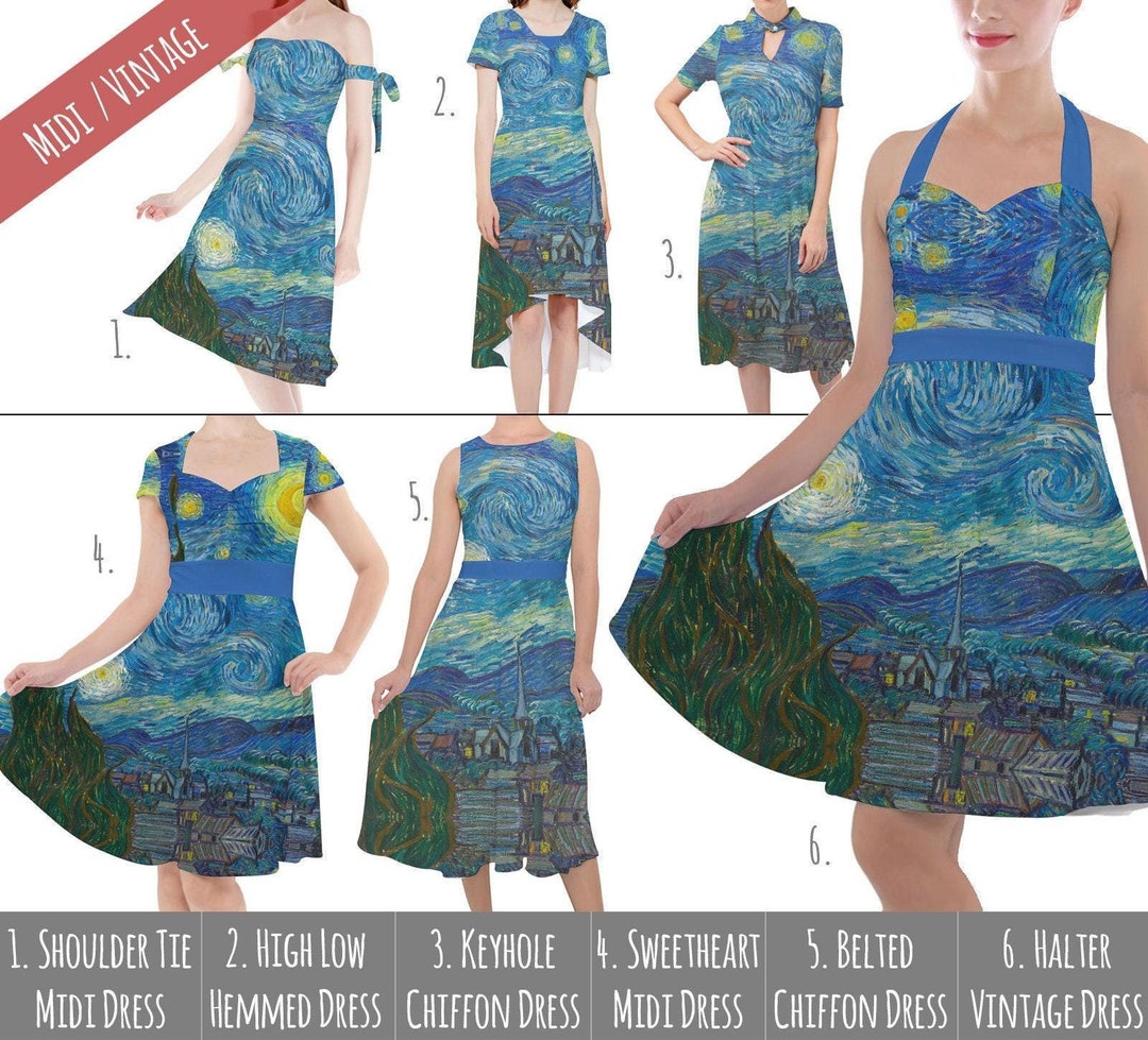 Van Gogh Starry Night Fine Art Midi Dress in Xs 5XL Vintage Retro ...