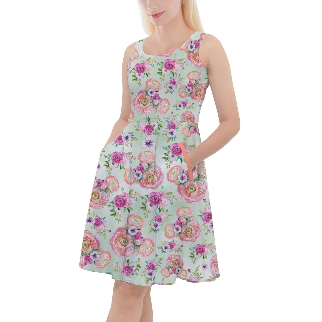 Peachy Floral Minnie Ears Disney Inspired Skater Dress With Pockets in ...