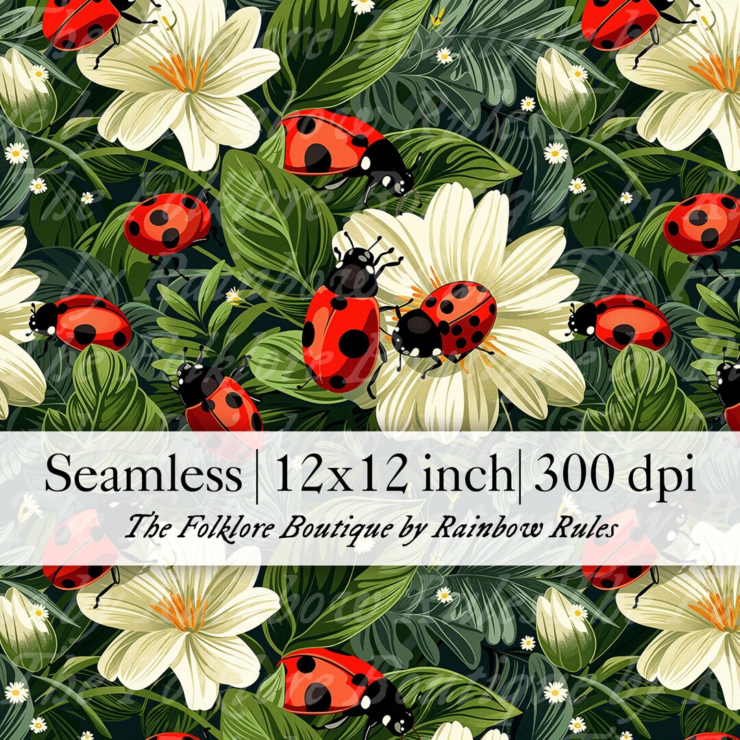 Vintage Ladybugs on Green - Seamless Pattern Premium Digital Paper ...