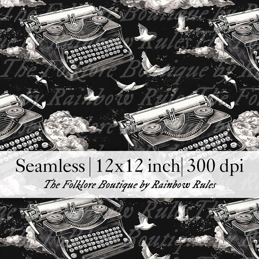Vintage Typewriters, Clouds, & Birds - Seamless Pattern Premium Digital ...