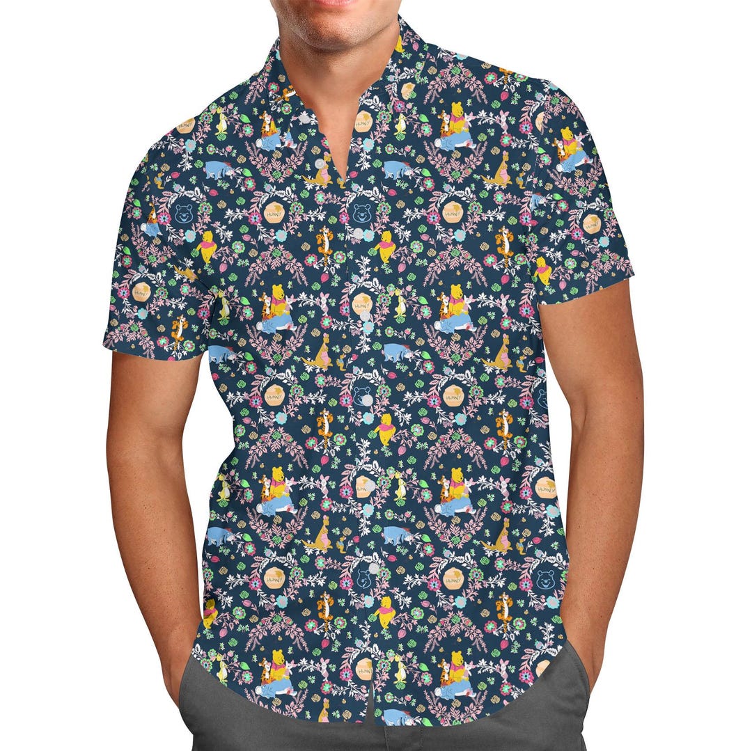 Garden Whimsy Winnie the Pooh Disney Inspired Men's Button Down Short ...