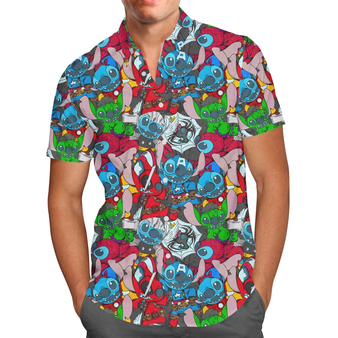 Superhero Stitch All Heroes Stacked Theme Park Men's Button Down Short ...