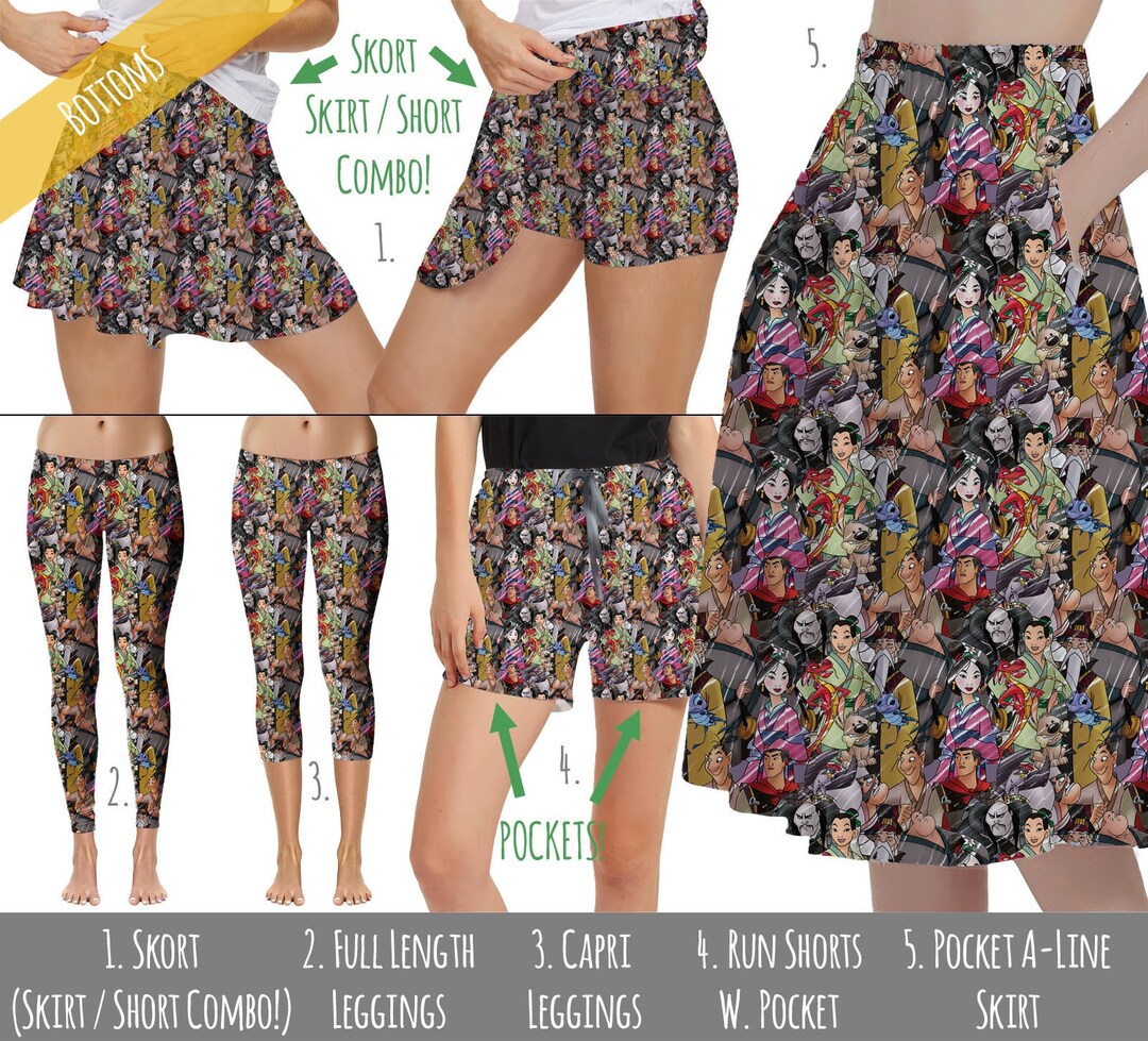 Mulan Sketched Disney Inspired Women's Bottoms in Sizes Xs 5XL Skort ...
