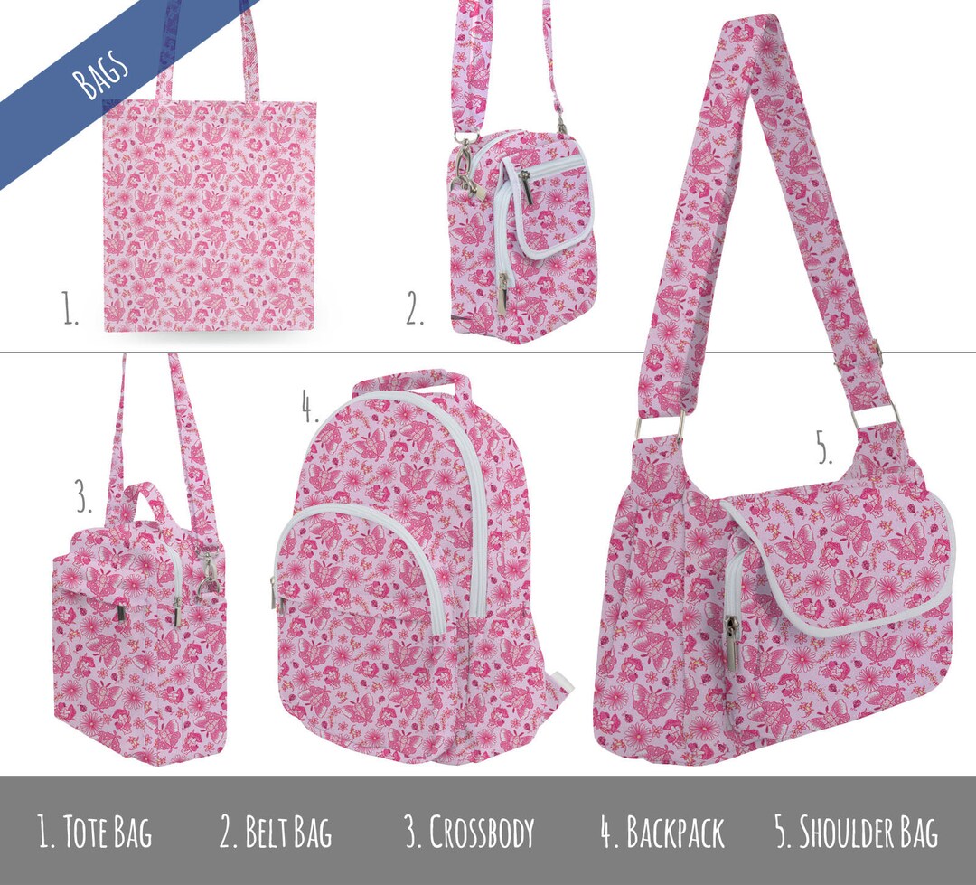 Pink Mushroom Moths Disney Inspired Bags Tote, Belt Bag, Crossbody ...