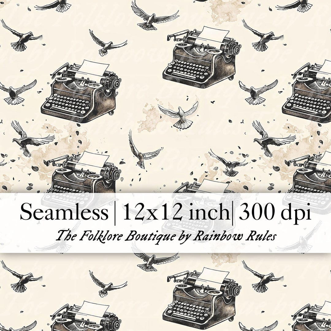 Vintage Typewriters & Birds - Seamless Pattern Premium Digital Paper ...