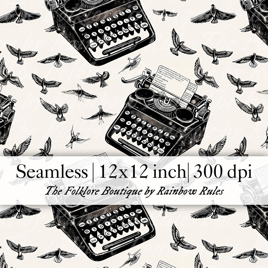 Monochrome Typewriters & Birds - Seamless Pattern Premium Digital Paper ...