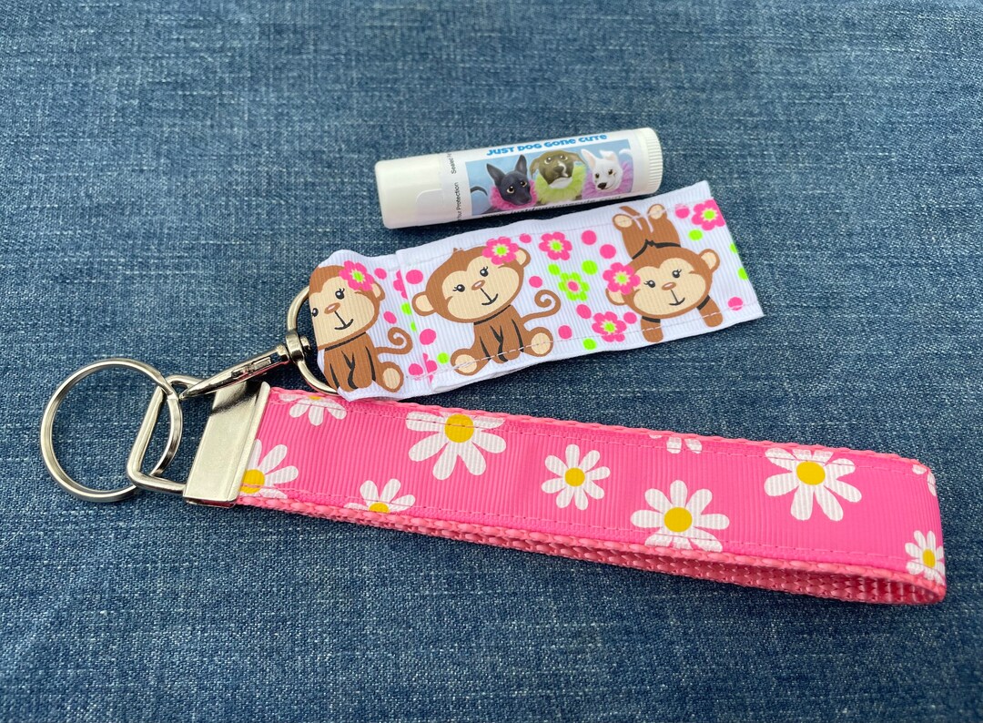 Pink Daisy Key Chain Fob/wristlet, Monkey Lip Balm Holder, Tag Keeper ...