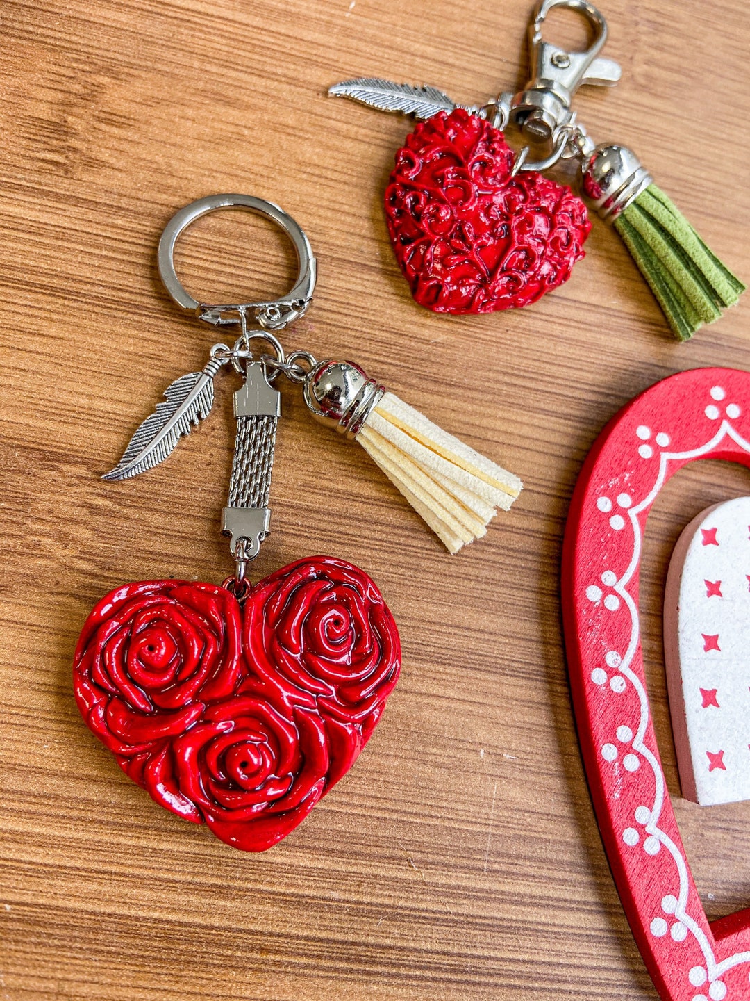 Fimo Red Roses Heart Key Ring, Love Jewel, Pink Flower Keychain ...