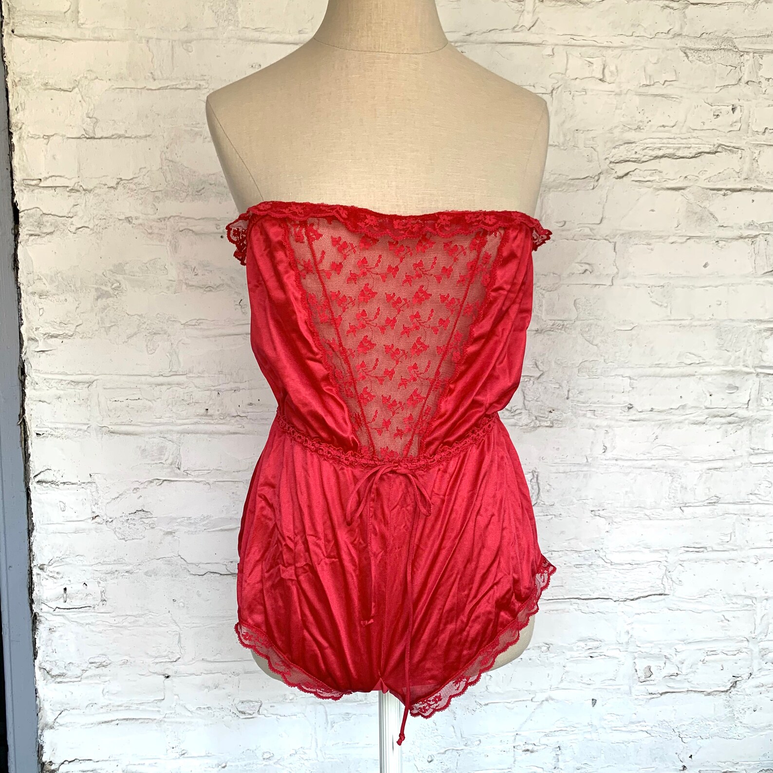 Vintage 80s Jcpenney Teddy Romper Red Nylon Sheer Lace Small Etsy