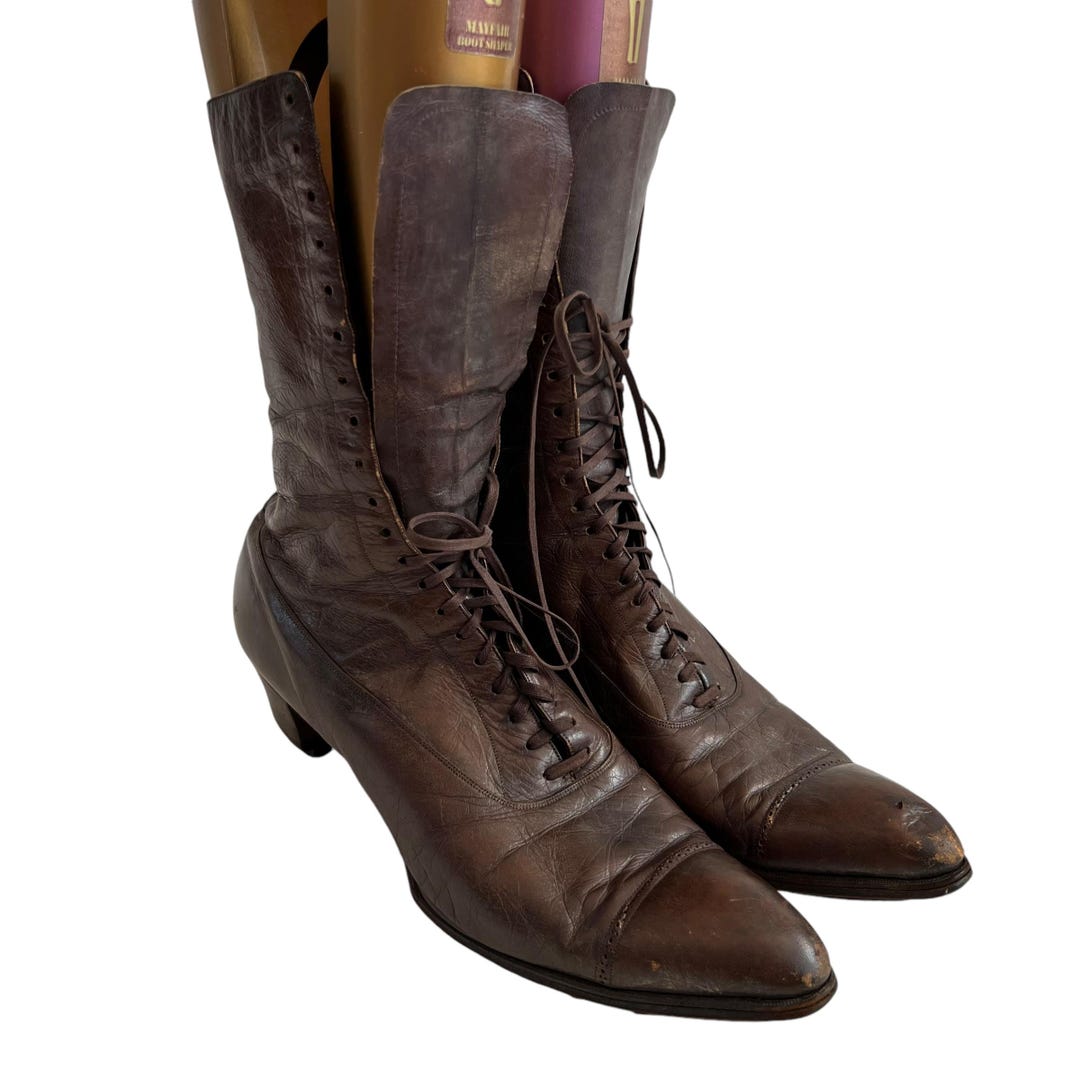 Antique Boots Womens 9 B Edwardian Era Brown Leather Mid Calf Lace up ...