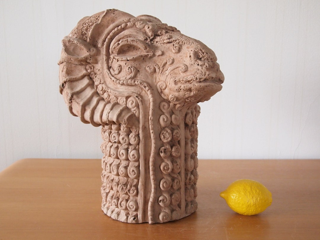 Vintage RAM HEAD BUST Sculpture 13" Plaster Clay Statue Sheep Goat ...