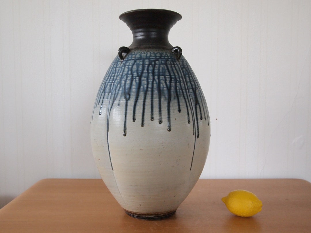 Vintage 1992 Large TOM CLARKSON Floor VASE 17" Blue Drip Glaze Studio Pottery Ceramic Mid ...