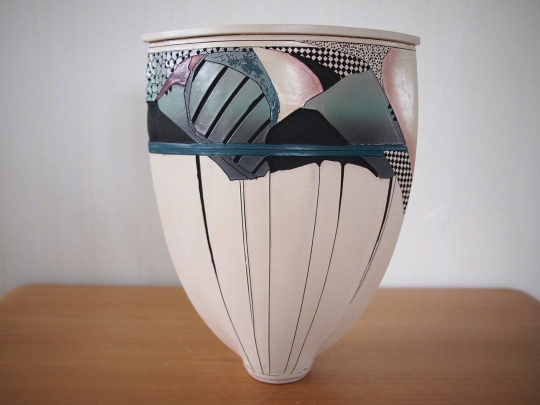 Original Vintage NANCY APRIL VASE Large Abstract, 14" White Pink Blue ...