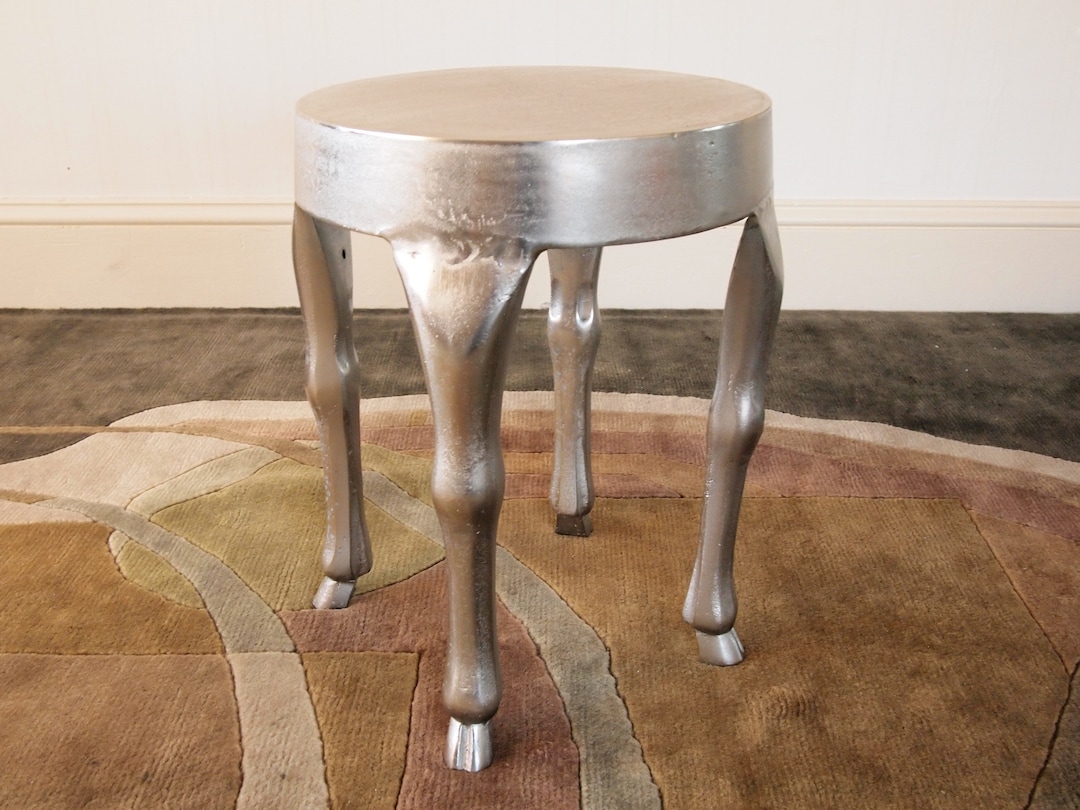 3 Available: Silver METAL SIDE End TABLE W/ Hoof Legs 13 Dia. 17 High ...