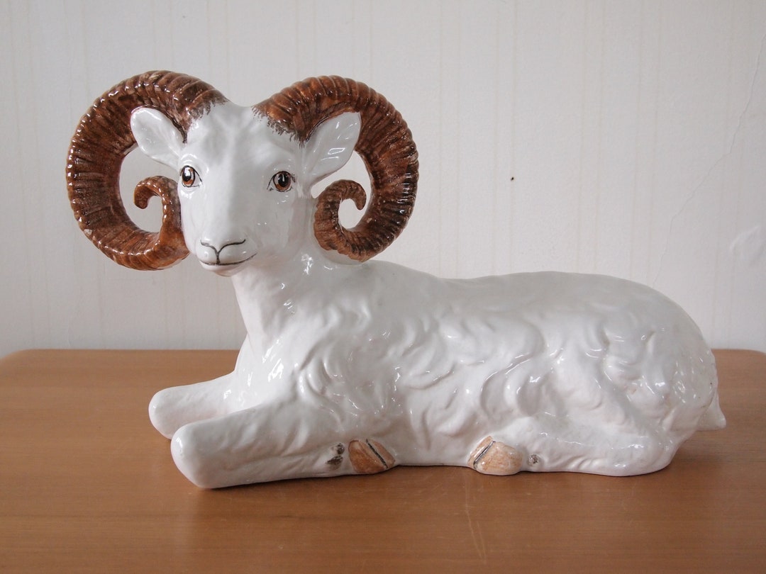 Vintage CERAMIC RAM FIGURE 18" Italian White Sheep Goat Horns Antlers ...