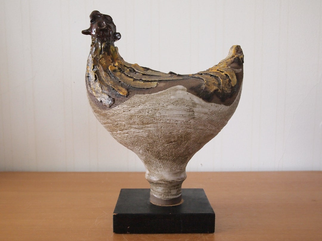 Vintage CERAMIC CHICKEN SCULPTURE 13 High, Wood Base, Brutalist Figure ...