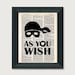 As You Wish - Princess Bride Inspired - Movie Quote - Dictionary Art ...