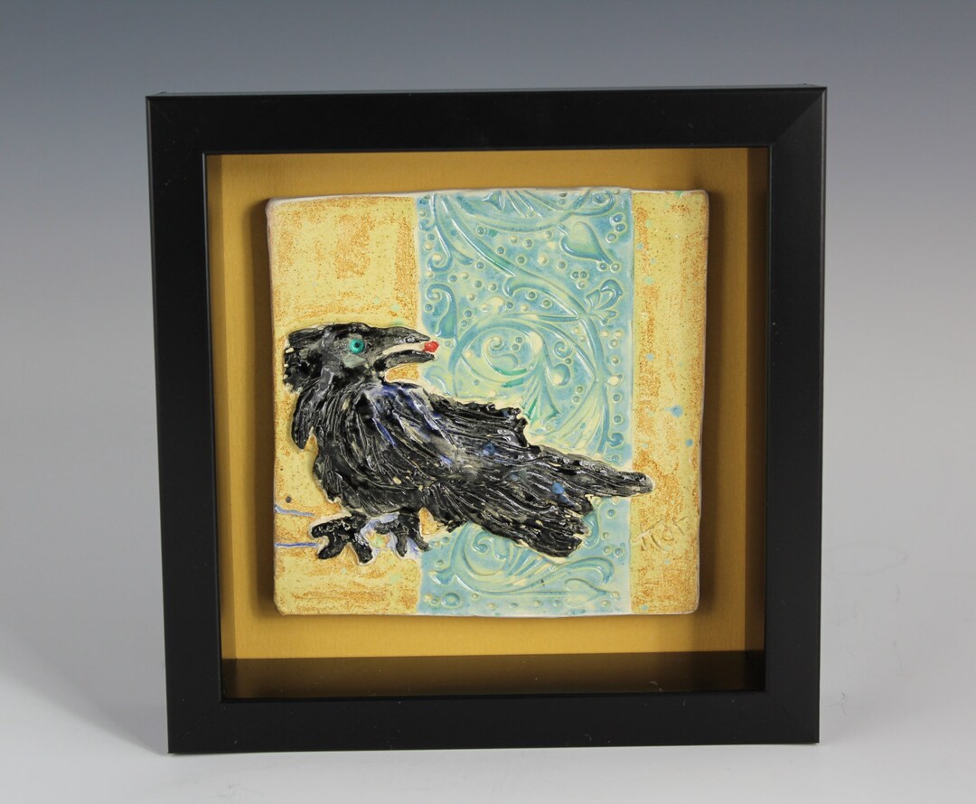 Framed Raven Ceramic Tiles, Crow or Blackbird Art, Handmade by Arizona ...
