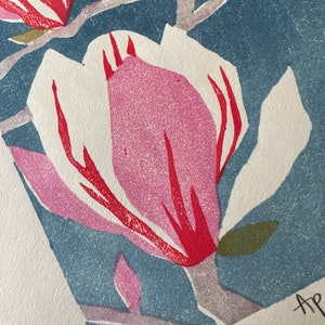 Magnolia Woodcut, Japanese Woodblock Print, Flowers, Pink, White, Blue ...